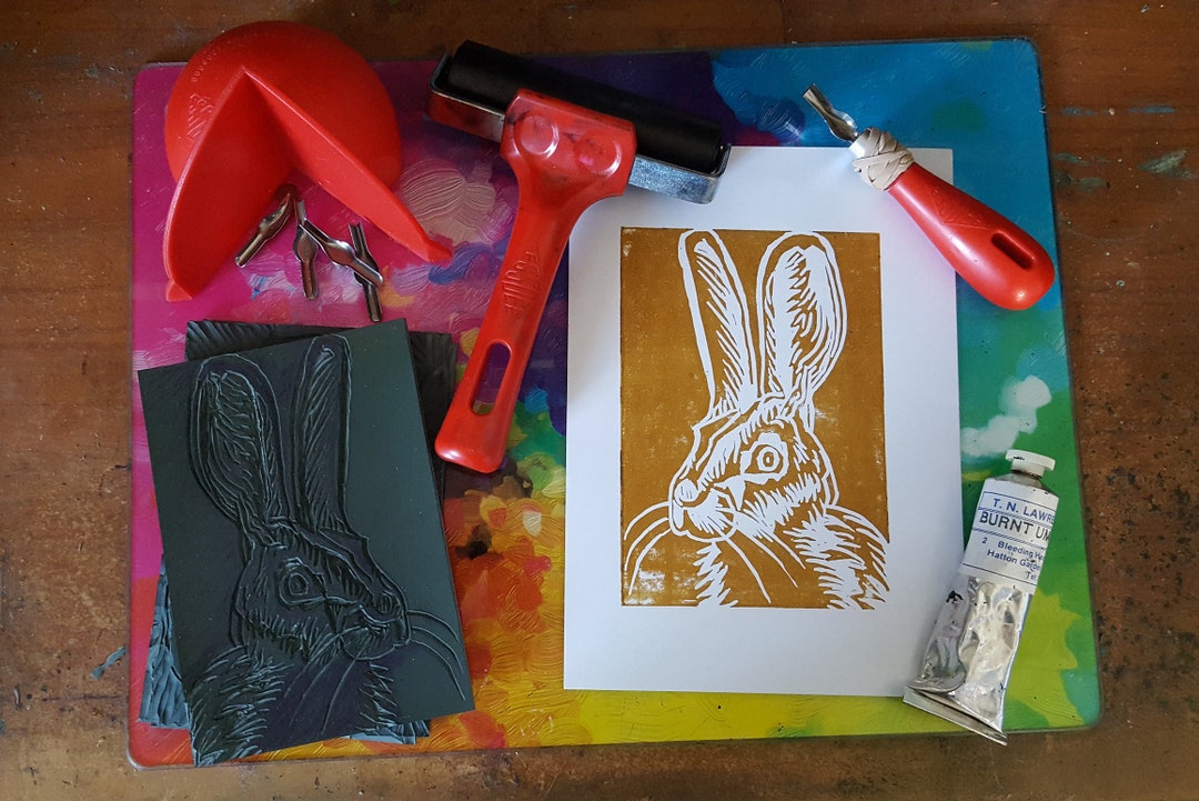 Hare Lino Print | Hare Print | Linocut Prints | Mad March Hare - Etsy