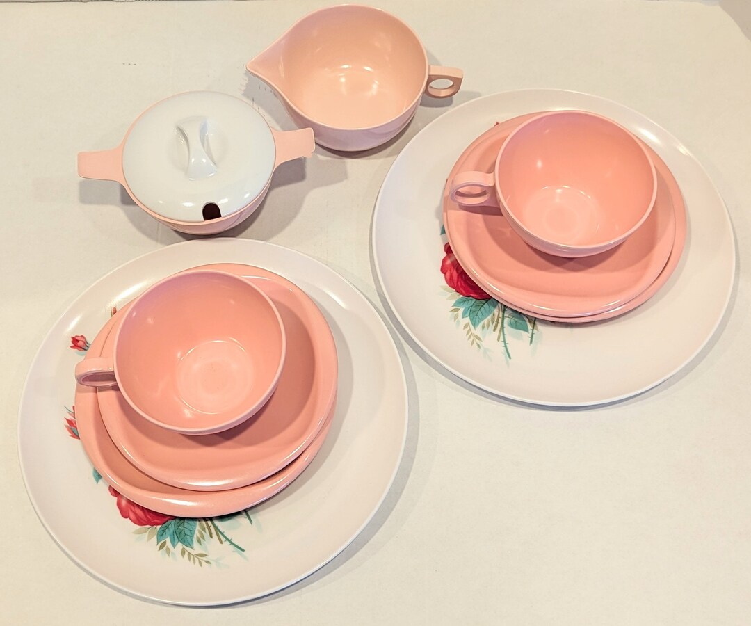 Pink Melmac Dish Set With Peonies Flowers - Etsy