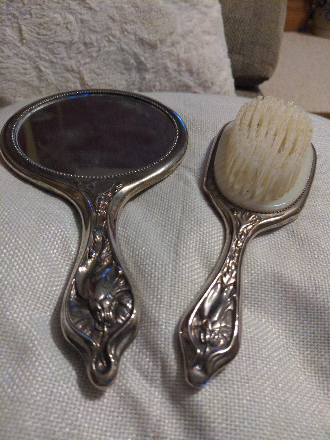 Vintage Vanity Set Silver Hand Mirror and Brush Stunning - Etsy
