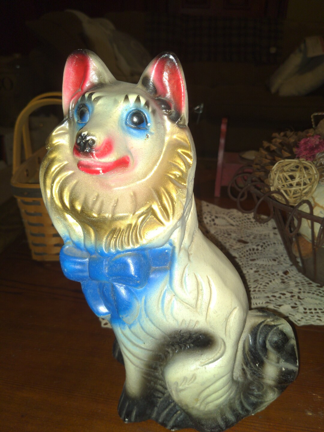 Vintage Chalkware Collie Dog With Great Color Blue Bow Rare - Etsy