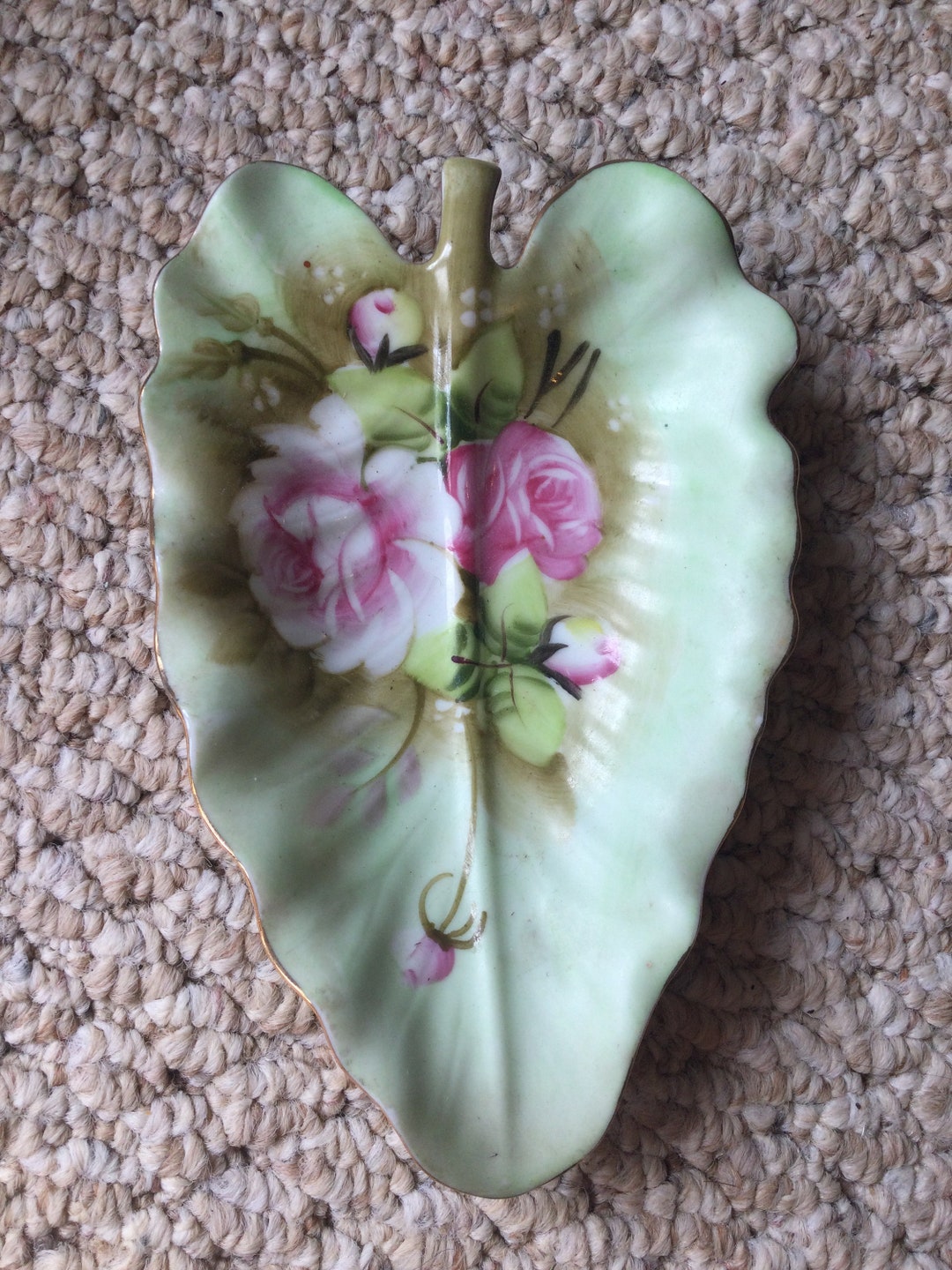 Vintage Lefton Green Leaf 1860 Painted W Floral Design Heritage - Etsy