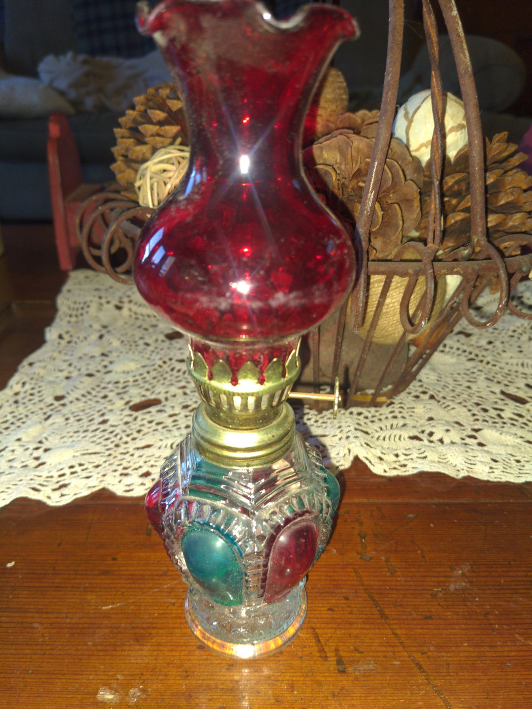 Vintage Oil Lamp With Red Fluted Globe Clear Vase With Red/green - Etsy