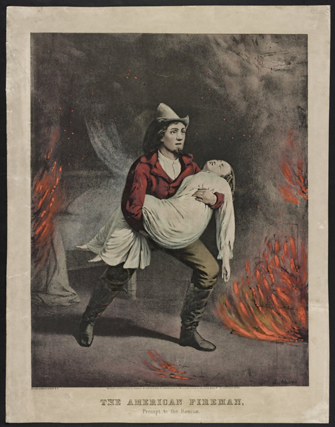 Firefighter Gift or Decor Vintage 1858 Artwork Fireman Rescues Woman ...