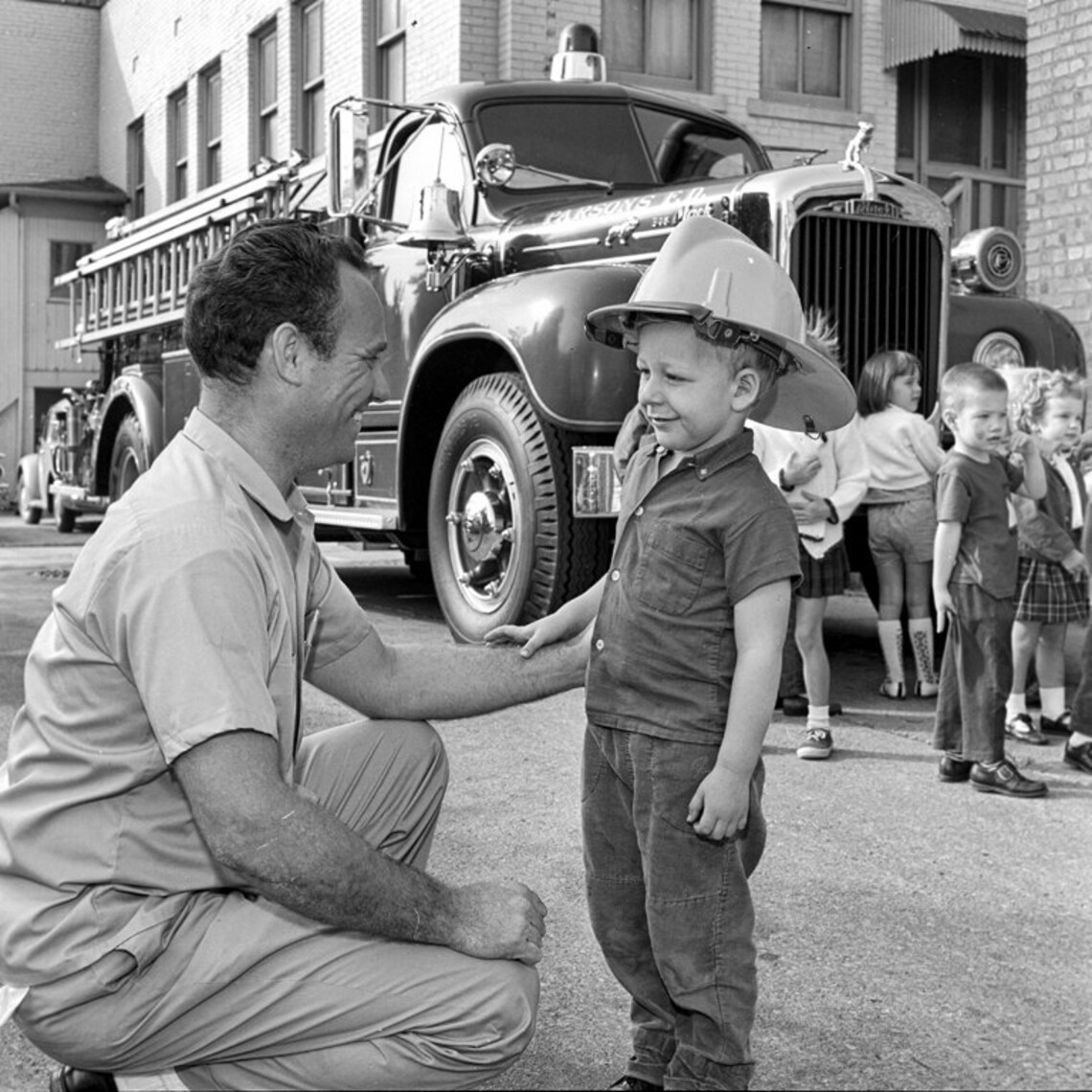 Vintage Photo: 1968 Fireman Puts Helmet on Kid, Mack Firetruck in ...