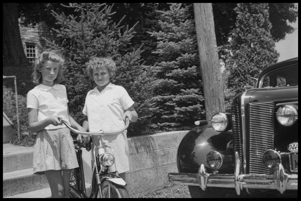 Bicycle Built for Two... Young Girls Pose by a Bike and an Old Car ...