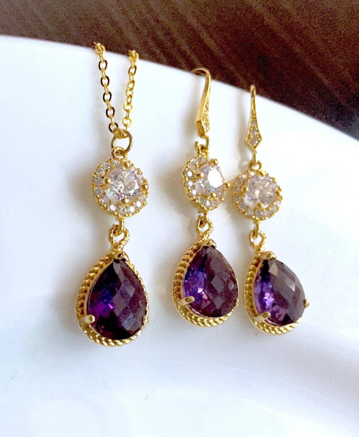 Gold Amethyst Purple Jewelry Set,gold Purple Necklace and Earrings Set ...