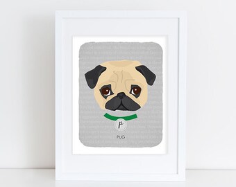 Pug Art Print Custom Name Dog Art | Etsy