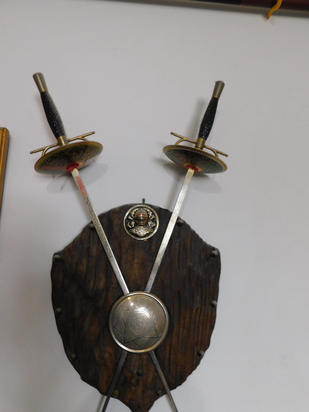 Vintage Crossed Swords Wall Hanging Carved Wood Shield Mount Duel ...