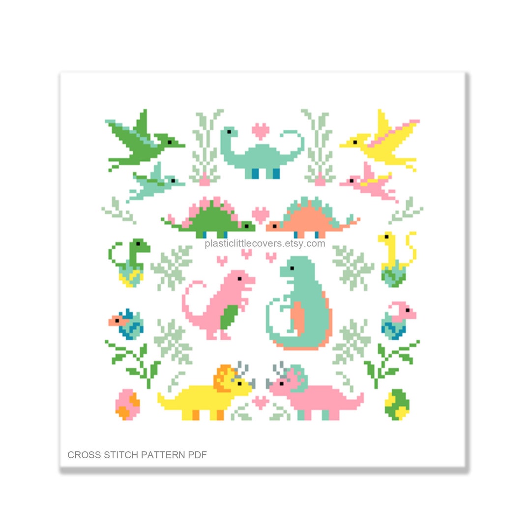 Dinosaur Cross Stitch Pattern PDF - Baby Dinos - Modern Colourful X ...