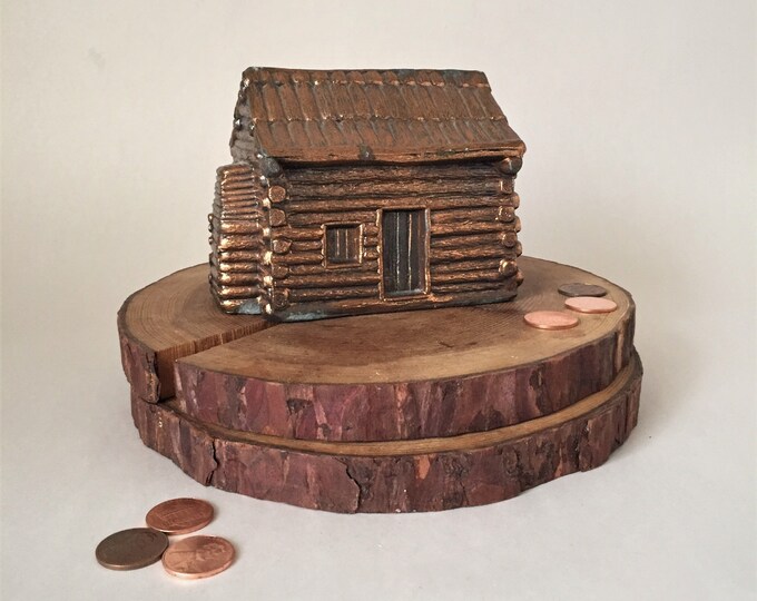 Vintage Log Cabin Coin Bank | Pot Metal Savings Bank With Copper Finish ...