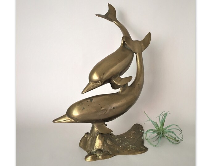 Vintage Brass Dolphin Sculpture | Large 15" Swimming Dolphins Figurine ...
