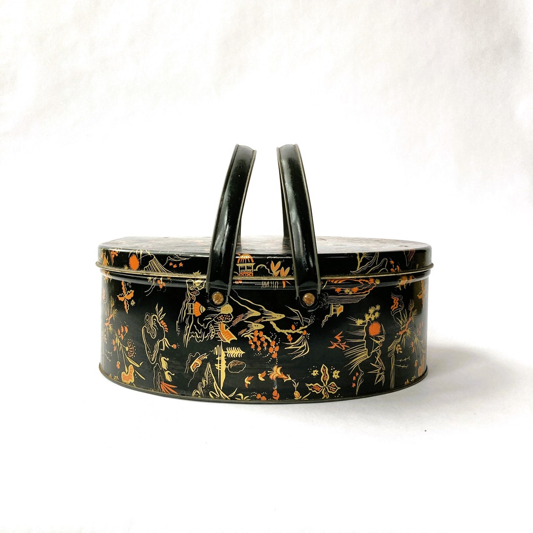 Vintage Chinoiserie Oval Sewing Tin With Double Handles Orange and Gold ...