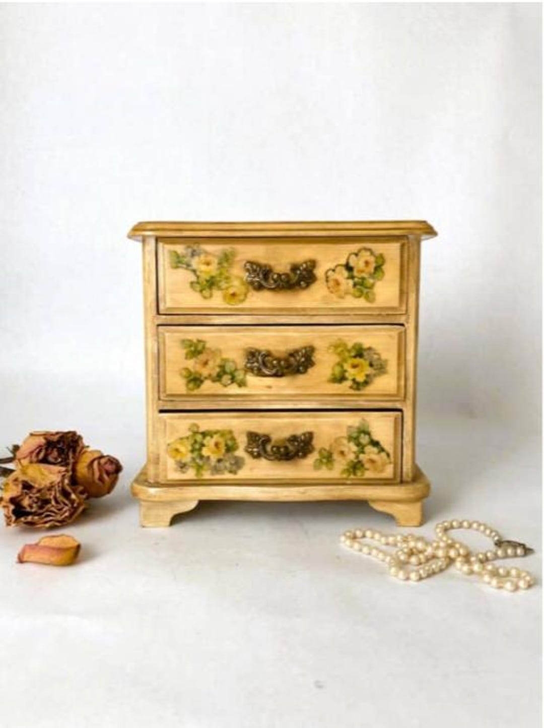 Vintage Hand-crafted Decoupaged Musical Jewelry Box With Three Drawers ...