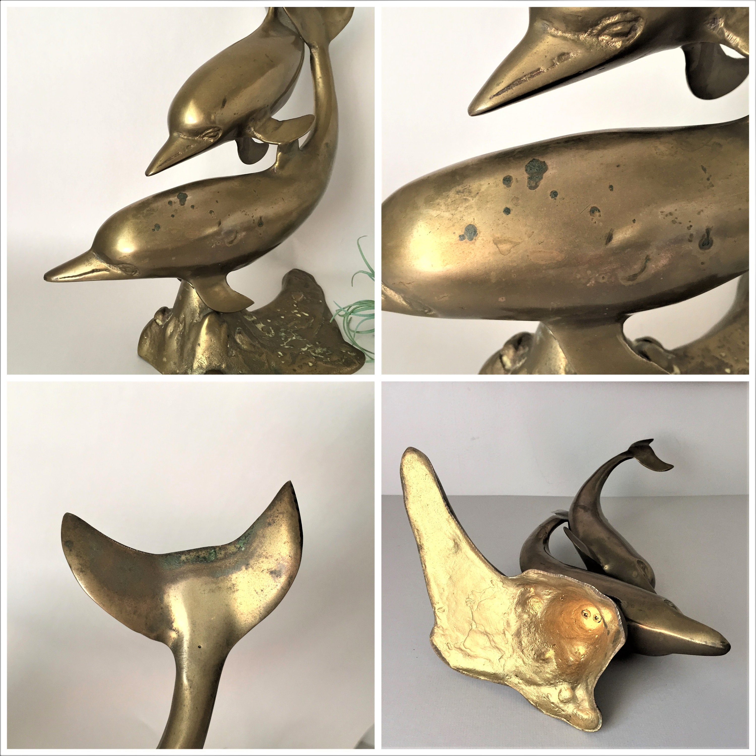 Statues 7\u201d tall Vintage brass dolphin sculpture mounted on marble ...