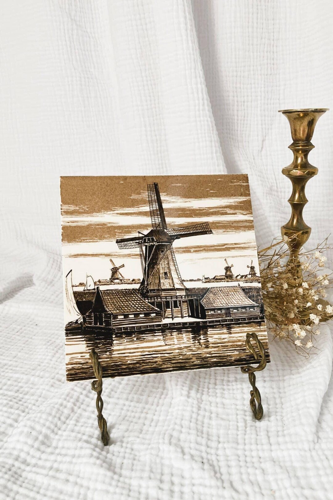 Vintage Monochromatic Ceramic Dutch Tile Featuring a Scene With Canal ...