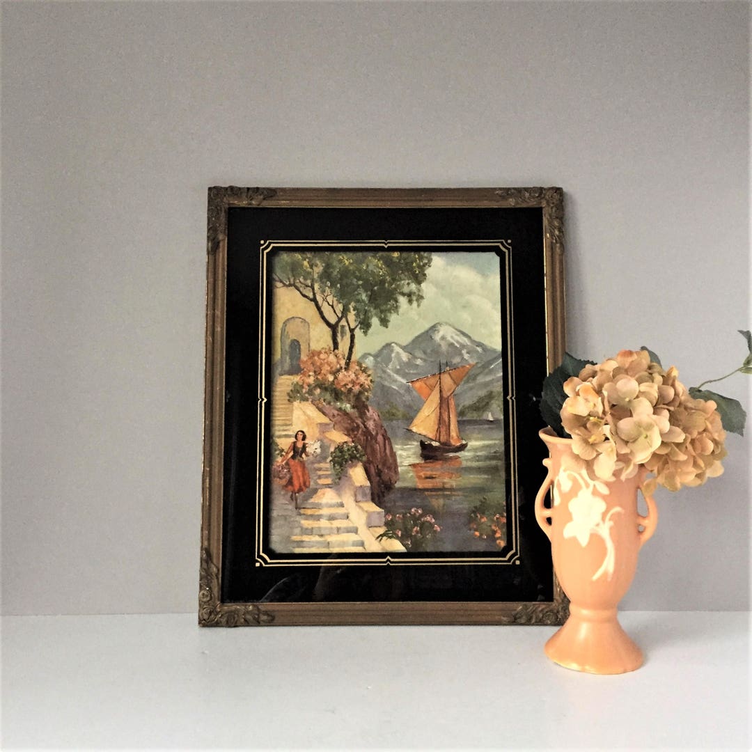 Large Reverse Painted Frame, Vintage Framed Print, Black and Gold ...