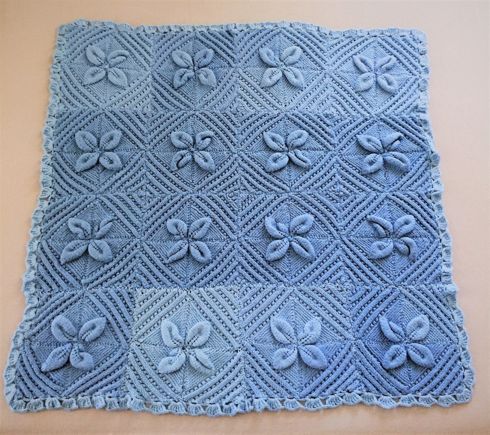Vintage Afghan in Shades of Powder Blue With 3D Floral Motif | Etsy
