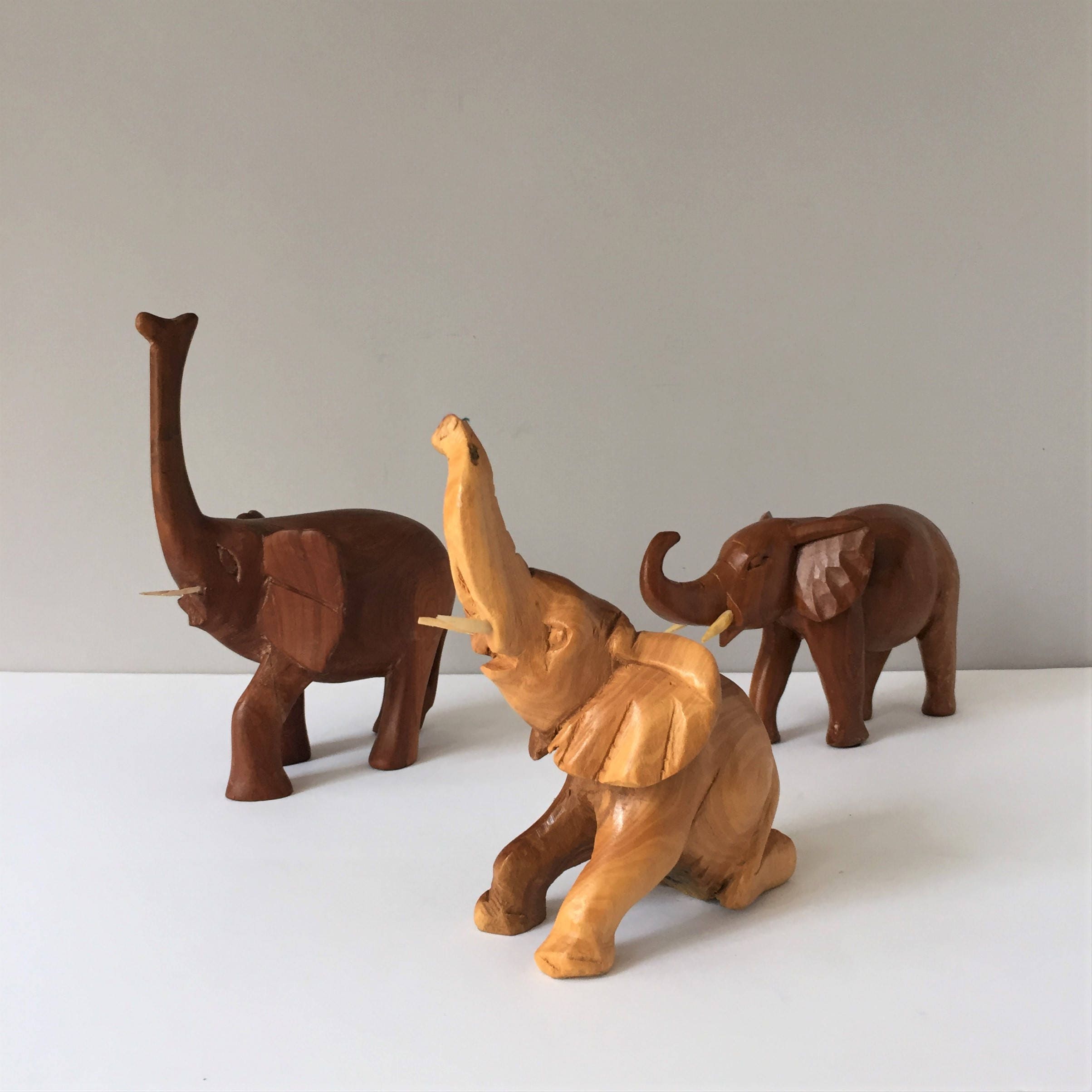 Carved Wood Elephants, Vintage Elephant Trio, Trunk up African Elephant ...