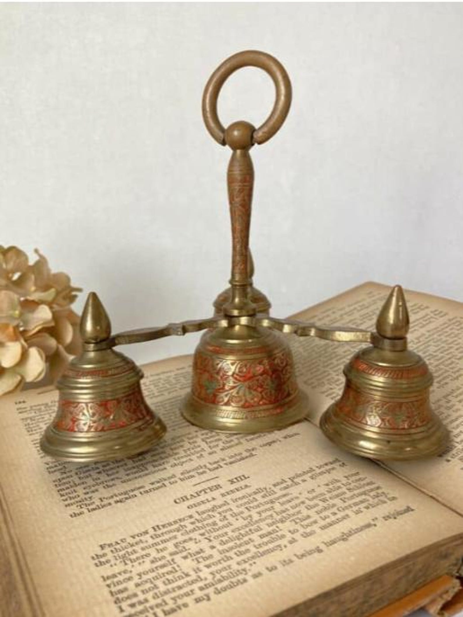 Vintage Etched Brass Temple Chimes With Red Accents - Etsy