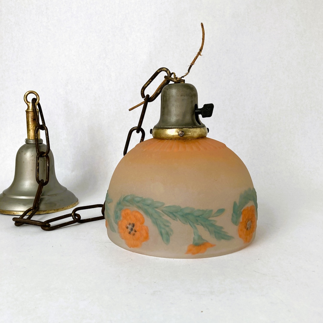 Antique 1920s Pendant Light Fixture With Reverse Painted Floral Glass ...