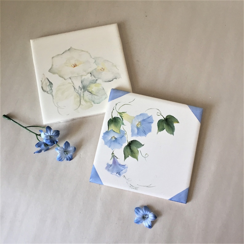 Vintage Hand Painted Ceramic Tiles With Morning Glory Flowers Set of 2 ...