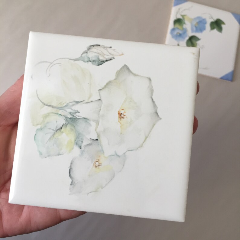 Vintage Hand Painted Ceramic Tiles With Morning Glory Flowers Set of 2 ...