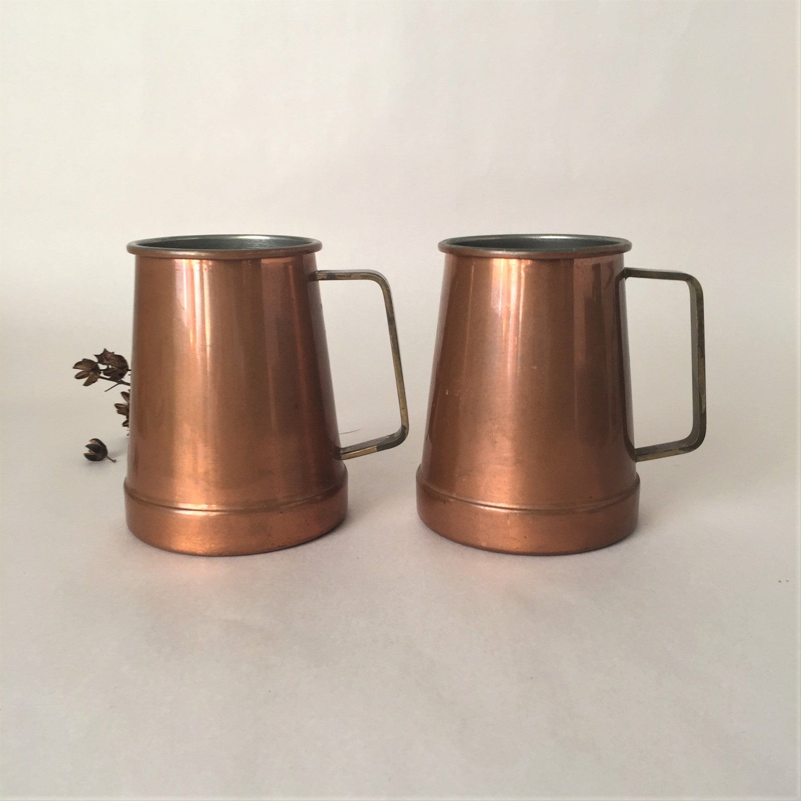 Vintage Copper on Tin Tankards With Brass Handles a Pair | Two Douro ...
