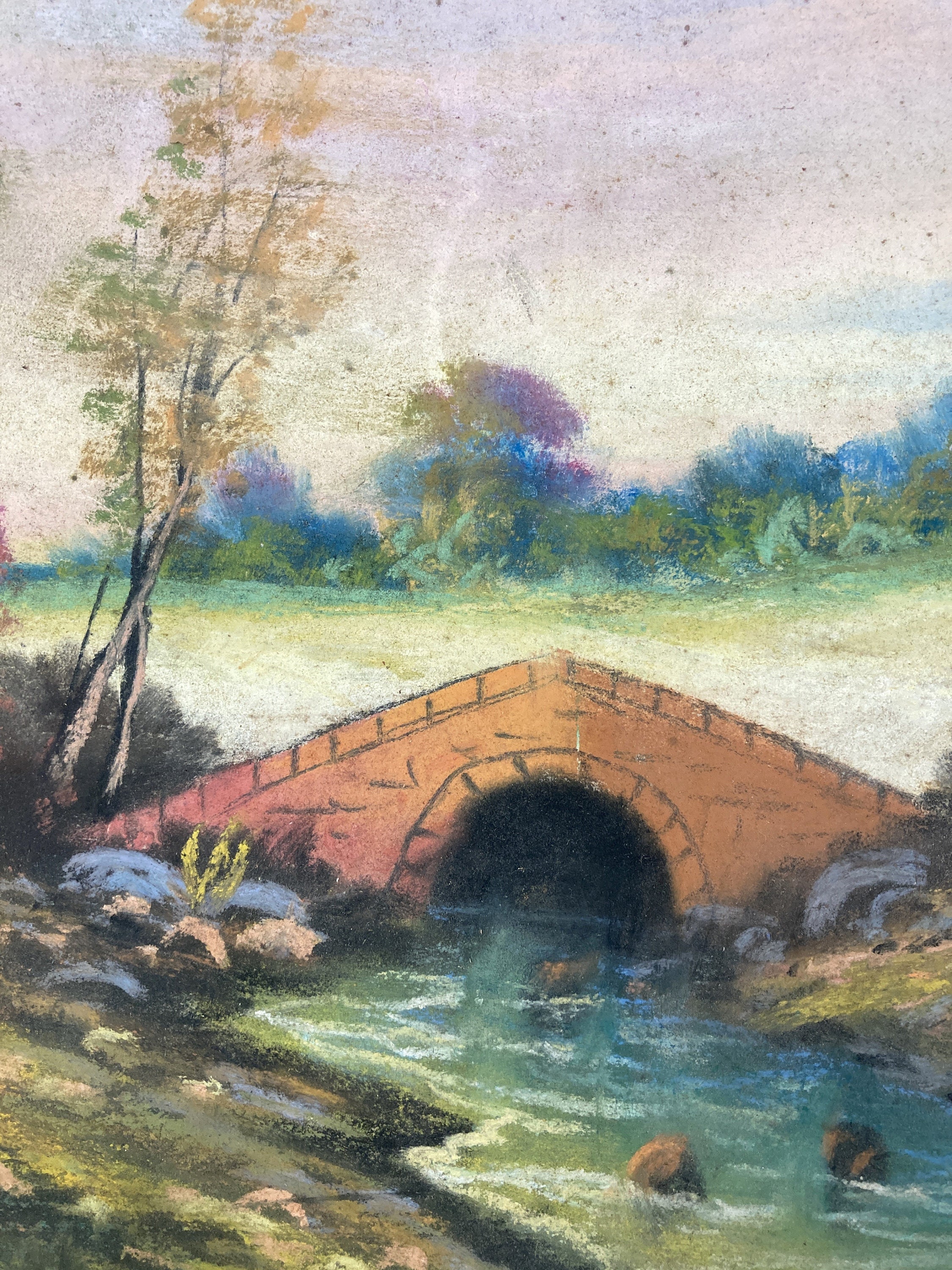Antique Oil Pastel Painting Landscape With Stream and Stone Bridge 20 ...