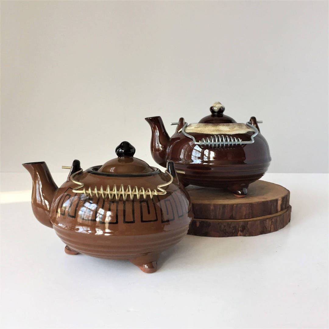 Vintage Redware Tripod Teapots With Wire Handle, Ceramic Mirror Glaze ...