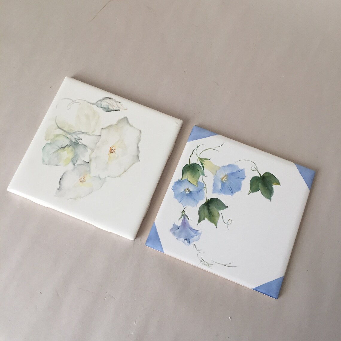 Vintage Hand Painted Ceramic Tiles With Morning Glory Flowers - Etsy