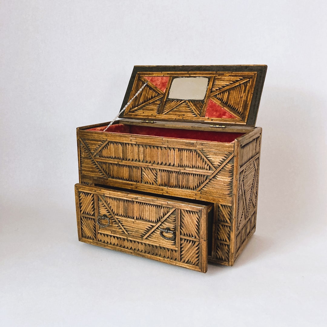 Vintage prison Art Matchstick Jewelry Box With Drawer and Mirror From ...