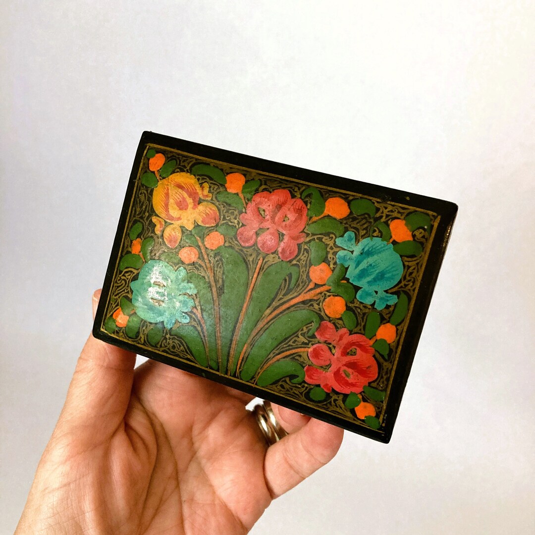 Vintage Hand Painted Lacquered Box From Kashmir India 4.25" | Floral ...