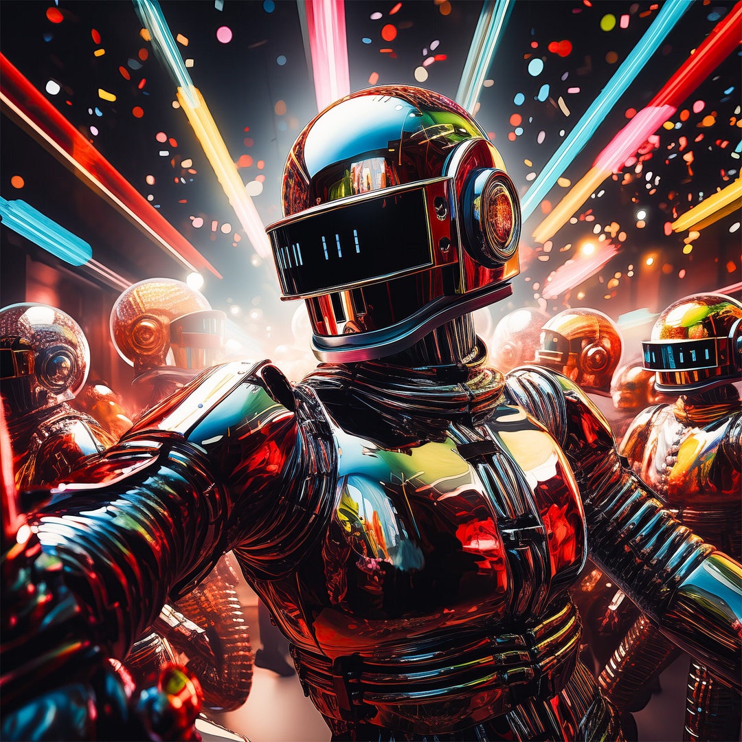 Futuristic Disco Robots Art Print 4 Shiny Metallic Dance Party Vibrant ...