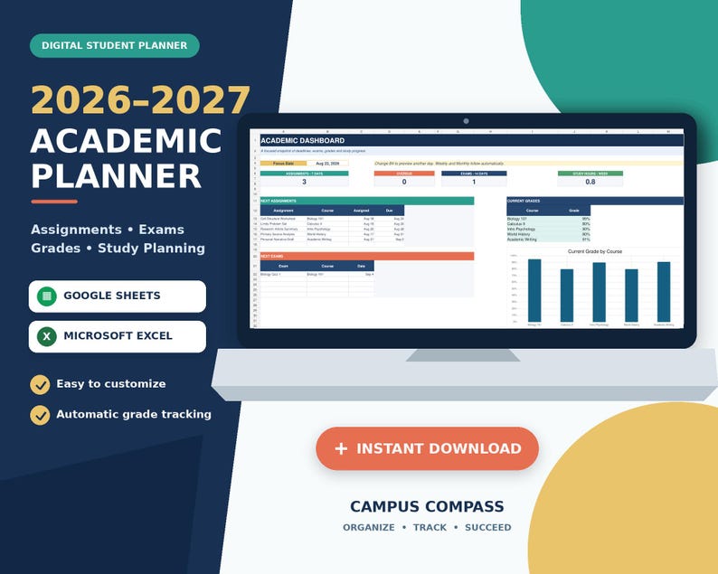 2026–2027 Academic Planner Spreadsheet for Google Sheets & Excel ...