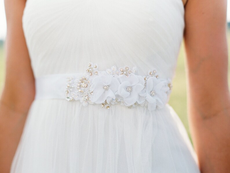 Wedding Beaded Flower Sash. Bridal Gown Flower Sash in White and Gold ...