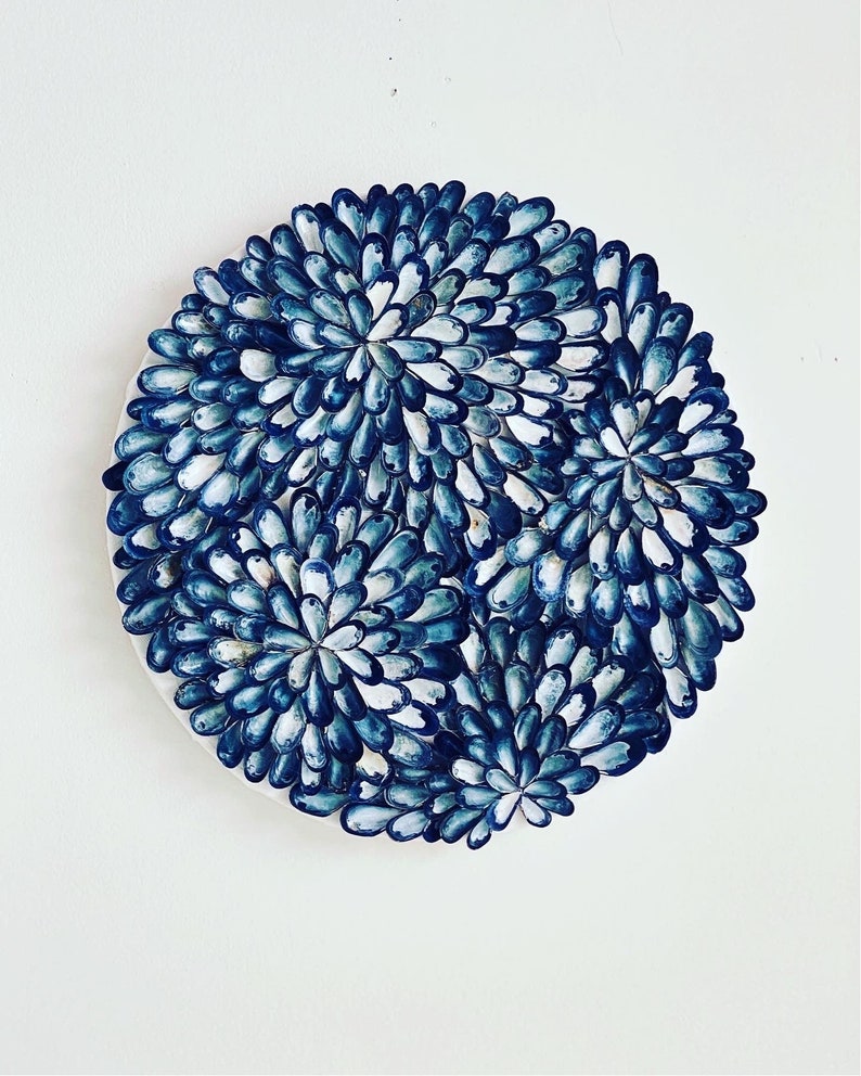 Abha Blue Gray and White Wall Art, Mussel Shells, Handmade, Beach House ...