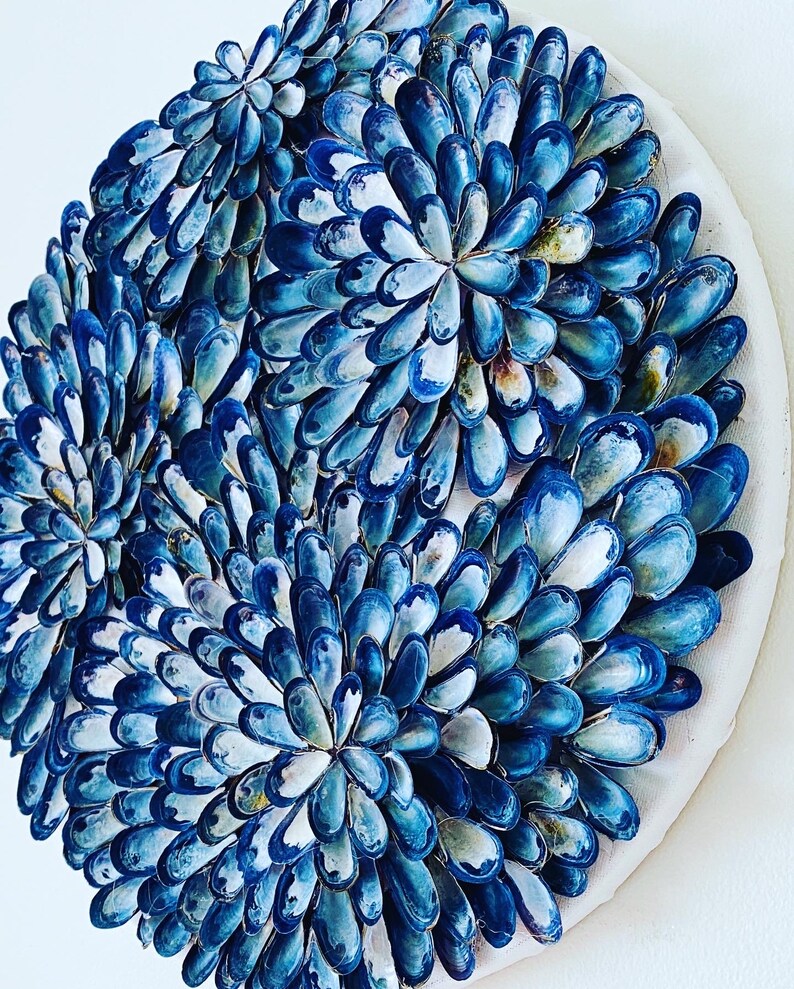 Abha Blue Gray and White Wall Art, Mussel Shells, Handmade, Beach House ...