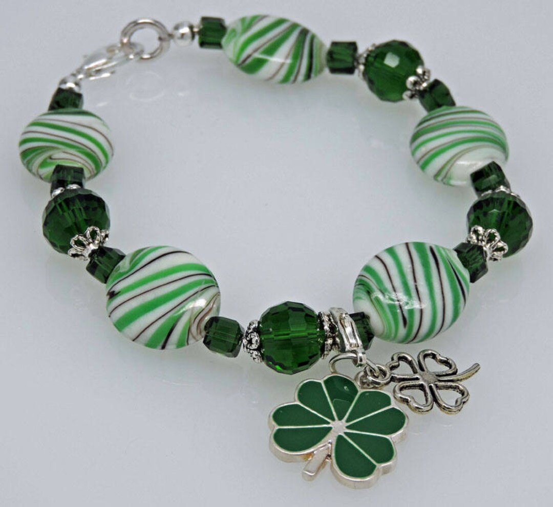 St. Patrick's Day Beaded Bracelet With Removable Dangling Shamrock ...