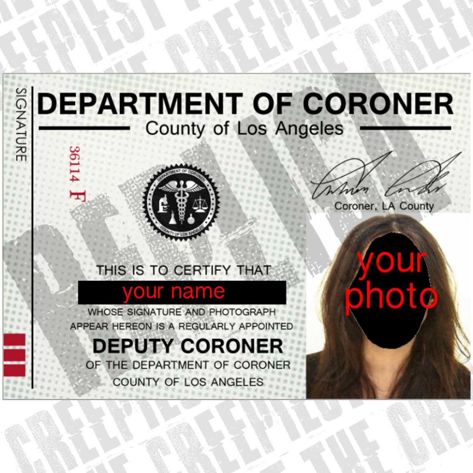 Department of Coroner Card Badge County of Los Angeles Props - Etsy