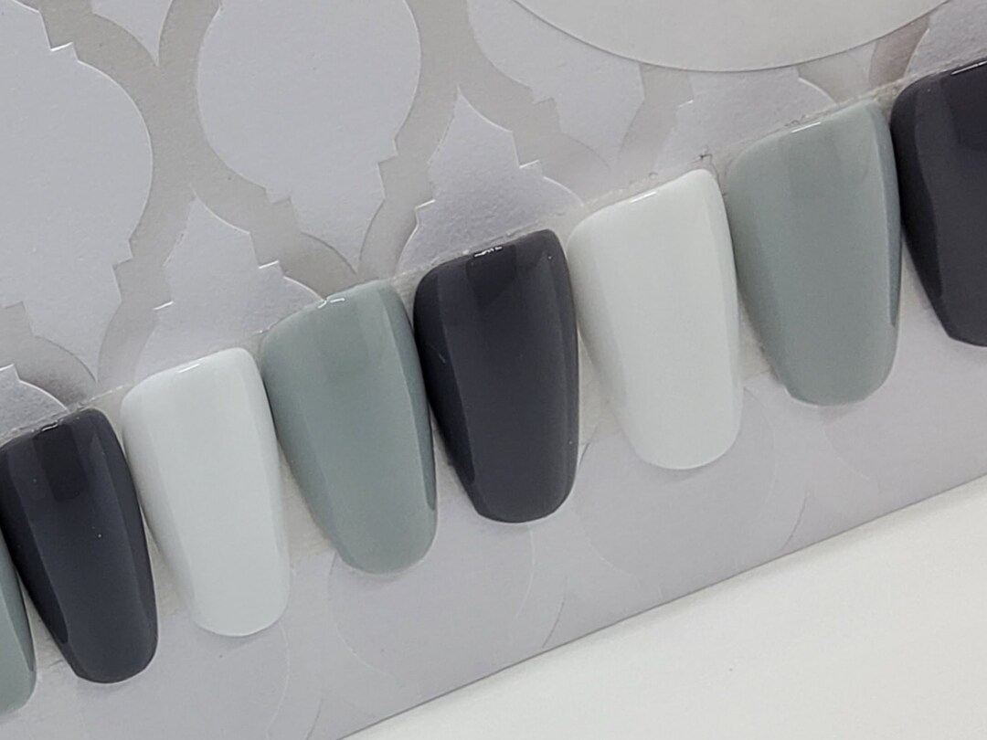 Short Coffin Press on Nails Gray & White EZ061 - Etsy