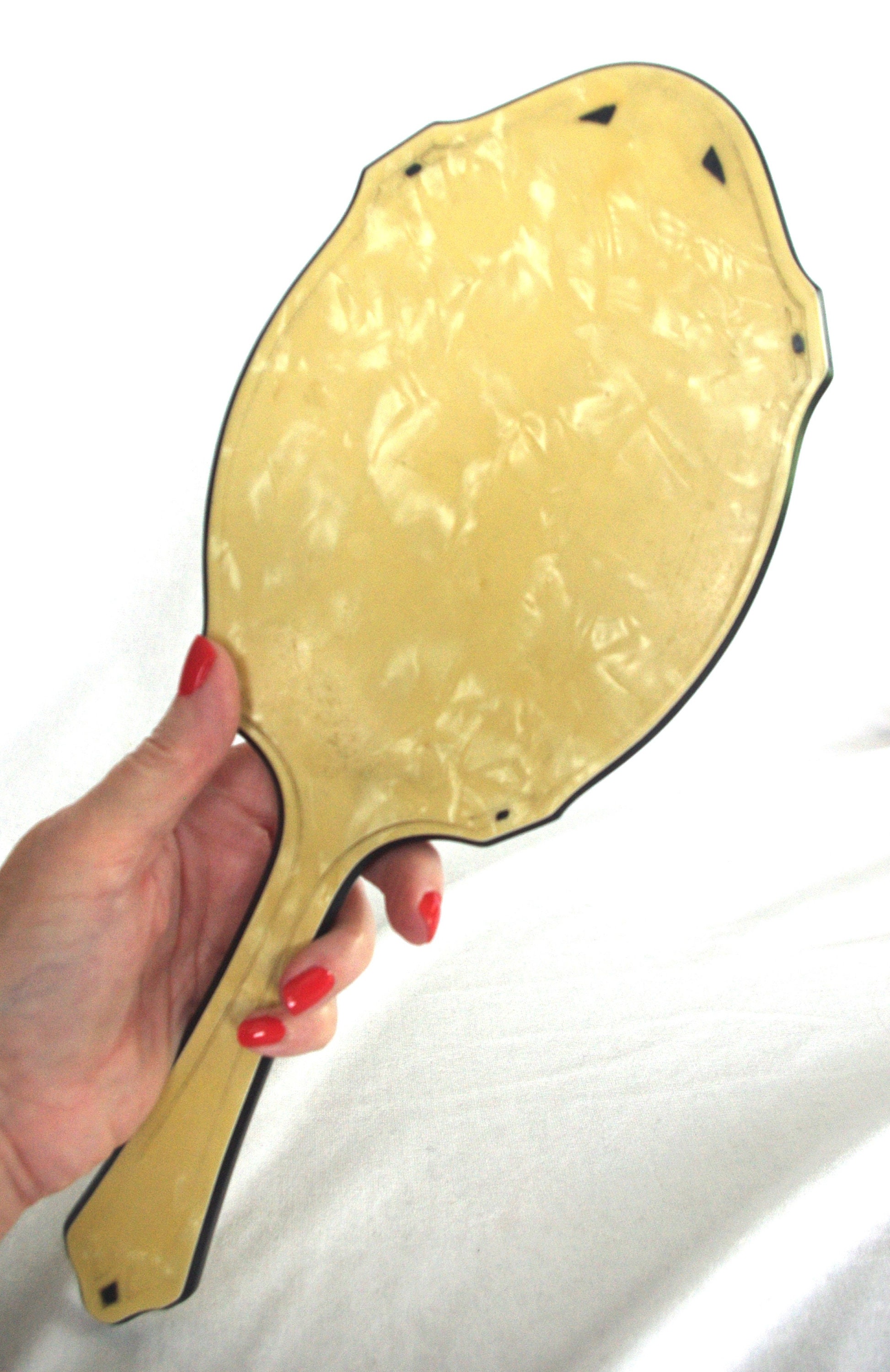 Vintage Hand Mirror: Art Deco Light Yellow Marbled Moon Glow & Black ...