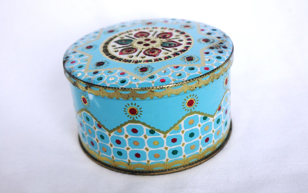 Vintage Candy / Biscuit / Powder Tin Canister: Light Blue W/ "jewels ...