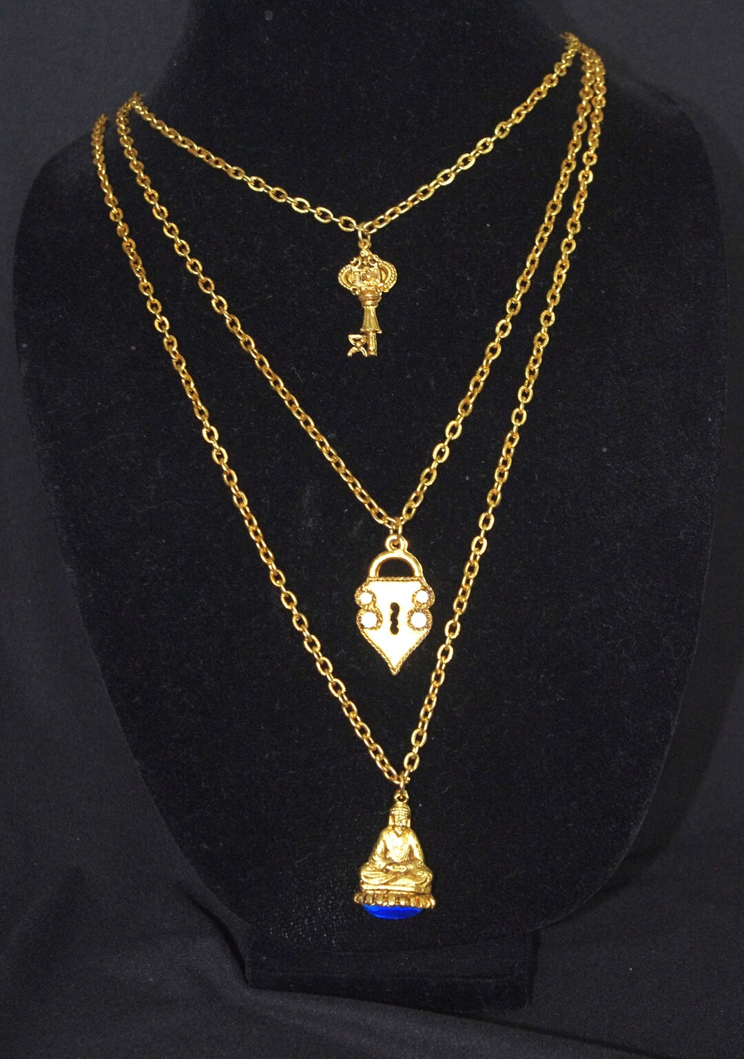 Vintage Pendant Necklace: Ornate, Buddha, Lock, Key, W/ 3 Chains, 1980s ...