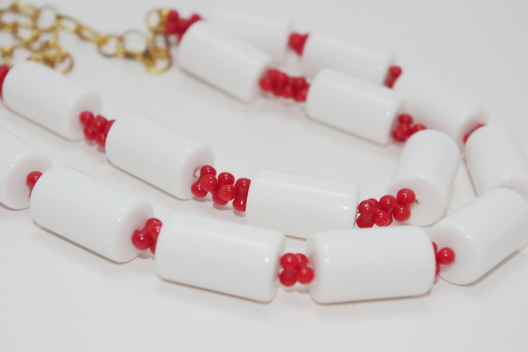 Handmade Necklace: Vintage White Lucite Tubes & Red Glass - Etsy