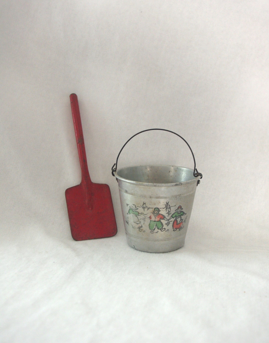 Vintage Toy Bucket / Sand Pail & Shovel: Miniature, Dutch Children, Red ...