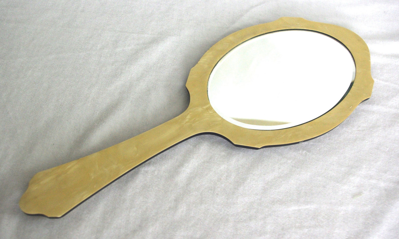 Vintage Hand Mirror: Art Deco Light Yellow Marbled Moon Glow & Black ...