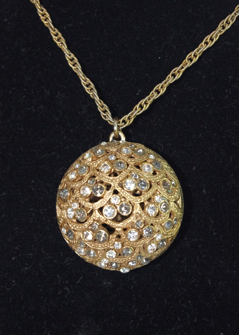 Vintage Pendant Necklace: BSK Gold Disk W/ Openwork Filigree & Gray ...