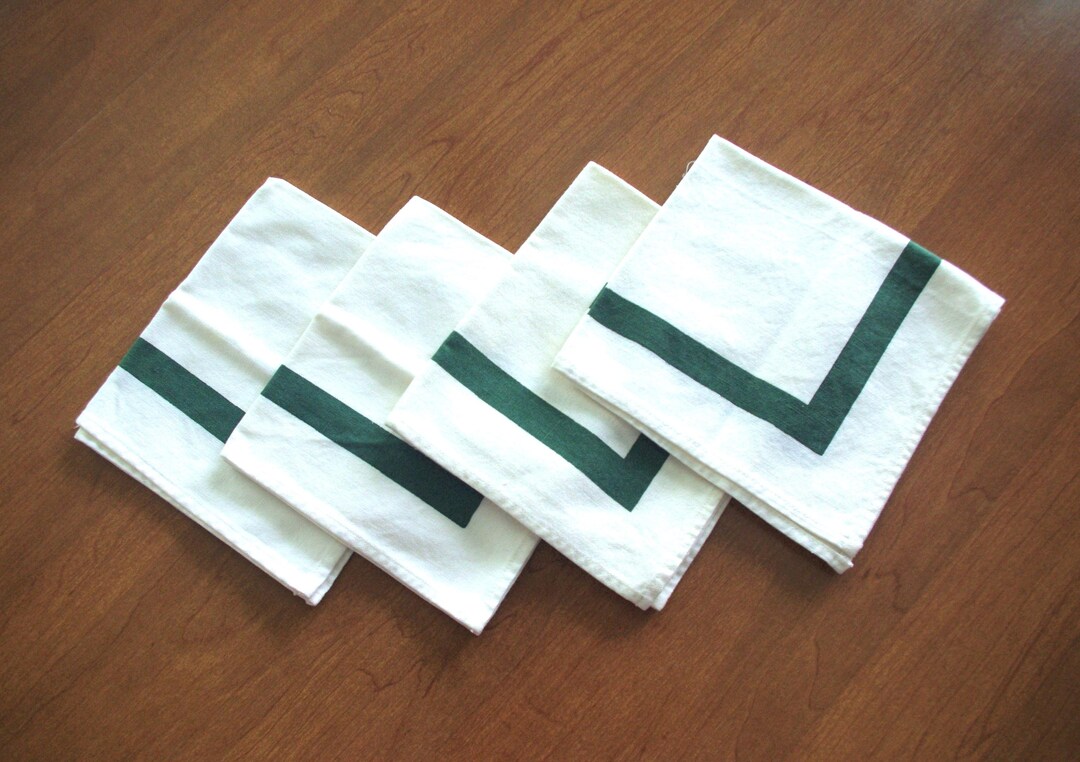 Vintage Napkin Set: Forest Green Border Stripes on White, 1950s / 50s ...