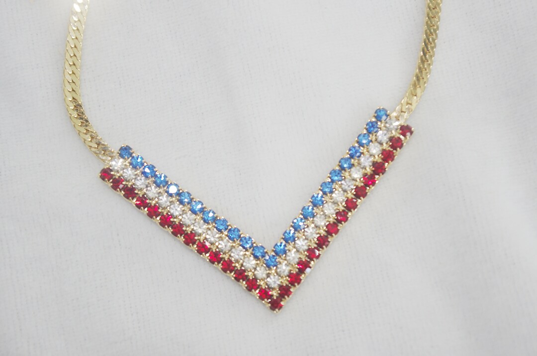Vintage Rhinestone Necklace: "v" Shaped, Red, White, Blue Rhinestones ...