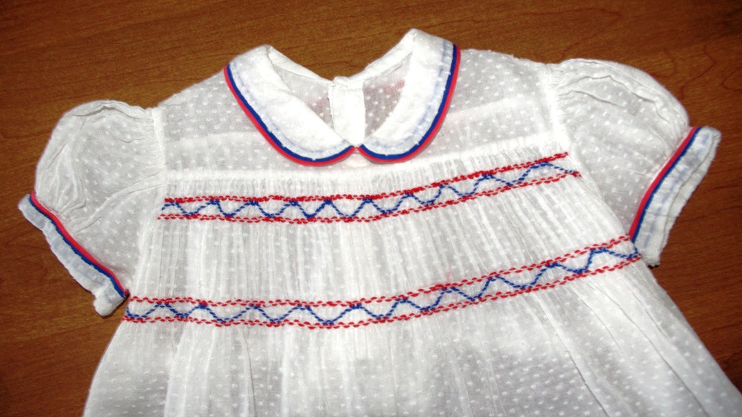 Vintage Baby Dress: 1960s, White Dotted Swiss W/ Blue & Red Smocking ...